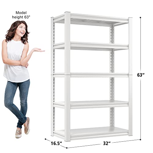 Raybee Garage Shelving Heavy Duty Garage Storage Shelves Load 2010LBS, Adjustable 5-Tier Heavy Duty Shelving, All Metal Shelving Utility Shelves for Kitchen, Pantry, Garage, 63"H x32"W x16.5"D, White