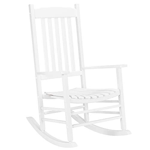 Outvita Outdoor Rocking Chair, Solid Wood High Back Rocker, All Weather Lounge Chair for Porch Patio Fire Pit Garden Backyard Deck Indoor, Wave Shape, White