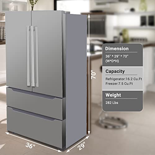 Techomey 36" French Door Refrigerator with Internal Ice Maker, 22.5 Cu.Ft 4-Door Upright Freezer and Fridge with Supper Freezer/Supper Cool, Fingerprint Resistant Stainless Steel