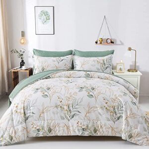 botanical comforter set full, 7 pieces floral reversible bed in a bag green leaves printed bedding set soft microfiber full (1 comforter,2 pillowcase,2 pillow shams,1 flat sheet,1 fitted sheet)