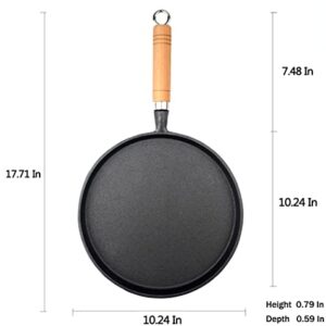 Uncoated Pizza Pan Cast Iron Round Griddle Healthy Thickened 10.24-Inch Pre-Seasoned Griddle Pan for Gass Stove with Wooden Helper Handle Pizza, Steak, Grill, Pancakes