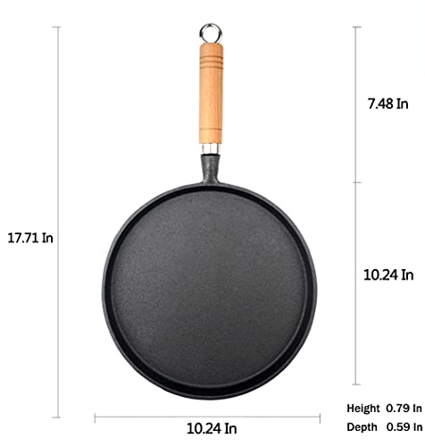 Uncoated Pizza Pan Cast Iron Round Griddle Healthy Thickened 10.24-Inch Pre-Seasoned Griddle Pan for Gass Stove with Wooden Helper Handle Pizza, Steak, Grill, Pancakes