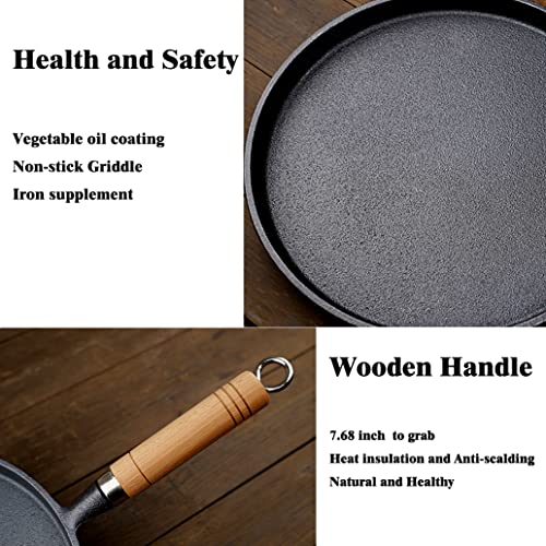 Uncoated Pizza Pan Cast Iron Round Griddle Healthy Thickened 10.24-Inch Pre-Seasoned Griddle Pan for Gass Stove with Wooden Helper Handle Pizza, Steak, Grill, Pancakes