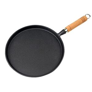 Uncoated Pizza Pan Cast Iron Round Griddle Healthy Thickened 10.24-Inch Pre-Seasoned Griddle Pan for Gass Stove with Wooden Helper Handle Pizza, Steak, Grill, Pancakes