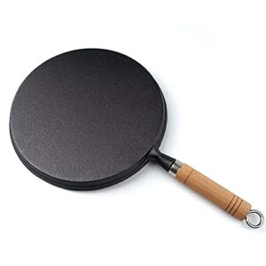 Uncoated Pizza Pan Cast Iron Round Griddle Healthy Thickened 10.24-Inch Pre-Seasoned Griddle Pan for Gass Stove with Wooden Helper Handle Pizza, Steak, Grill, Pancakes