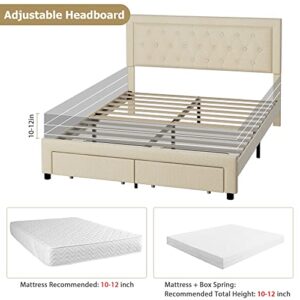 Queen Bed Frame with 2 Storage Drawers, Fabric Upholstered Platform Bed Frame with Deep-set Pattern Button Tufted Headboard, Sturdy Wood Slats Support Mattress Foundation, No Box Spring Needed, Beige