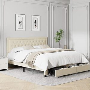 Queen Bed Frame with 2 Storage Drawers, Fabric Upholstered Platform Bed Frame with Deep-set Pattern Button Tufted Headboard, Sturdy Wood Slats Support Mattress Foundation, No Box Spring Needed, Beige