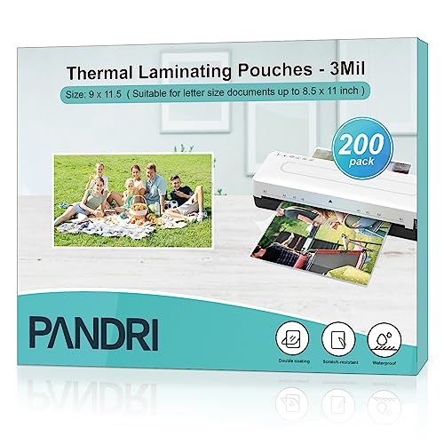 Laminating Sheets, PANDRI 200 Pack Thermal Laminator Pouches Holds 8.5 x 11 Inch, 3 Mil Clear Laminator Paper 9 x 11.5 Inch, Letter Size