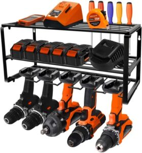 bothixi power tool organizer, black garage tool organizer wall mount, drill holder tool storage rack for 5 cordless drill holders,utility rack with hooks, men father's day gifts