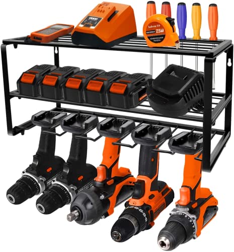 Bothixi Power Tool Organizer, Black Garage Tool Organizer Wall Mount, Drill Holder Tool Storage Rack for 5 cordless Drill Holders,Utility Rack with Hooks, Men Father's Day Gifts