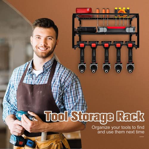 Bothixi Power Tool Organizer, Black Garage Tool Organizer Wall Mount, Drill Holder Tool Storage Rack for 5 cordless Drill Holders,Utility Rack with Hooks, Men Father's Day Gifts