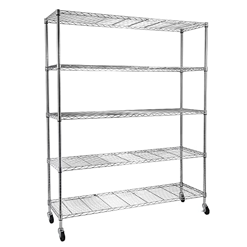 WEI WEI GLOBAL 5-Tier Heavy Duty Shelving Unit - Wire Shelving with Wheels - Metal Organizer Wire Rack - Bakers Rack - Garage Storage Shelves Organization - Standing Shelves Pantry Kitchen - Chrome