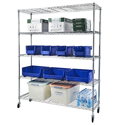 WEI WEI GLOBAL 5-Tier Heavy Duty Shelving Unit - Wire Shelving with Wheels - Metal Organizer Wire Rack - Bakers Rack - Garage Storage Shelves Organization - Standing Shelves Pantry Kitchen - Chrome