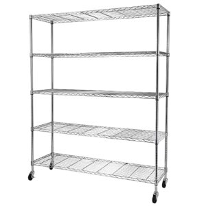 WEI WEI GLOBAL 5-Tier Heavy Duty Shelving Unit - Wire Shelving with Wheels - Metal Organizer Wire Rack - Bakers Rack - Garage Storage Shelves Organization - Standing Shelves Pantry Kitchen - Chrome