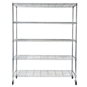 WEI WEI GLOBAL 5-Tier Heavy Duty Shelving Unit - Wire Shelving with Wheels - Metal Organizer Wire Rack - Bakers Rack - Garage Storage Shelves Organization - Standing Shelves Pantry Kitchen - Chrome