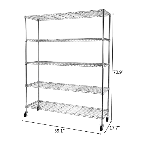 WEI WEI GLOBAL 5-Tier Heavy Duty Shelving Unit - Wire Shelving with Wheels - Metal Organizer Wire Rack - Bakers Rack - Garage Storage Shelves Organization - Standing Shelves Pantry Kitchen - Chrome