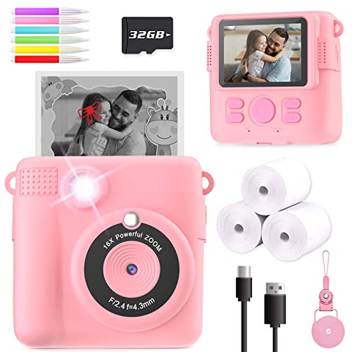 ESOXOFFORE Instant Print Camera for Kids, Christmas Birthday Gifts for Girls Boys Age 3-12, HD Digital Video Cameras for Toddler, Portable Toy for 3 4 5 6 7 8 9 10 Year Old Girl with 32GB SD Card-Pink