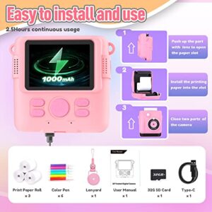 ESOXOFFORE Instant Print Camera for Kids, Christmas Birthday Gifts for Girls Boys Age 3-12, HD Digital Video Cameras for Toddler, Portable Toy for 3 4 5 6 7 8 9 10 Year Old Girl with 32GB SD Card-Pink