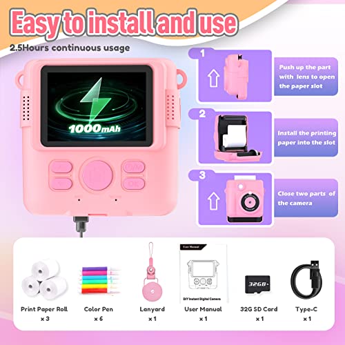 ESOXOFFORE Instant Print Camera for Kids, Christmas Birthday Gifts for Girls Boys Age 3-12, HD Digital Video Cameras for Toddler, Portable Toy for 3 4 5 6 7 8 9 10 Year Old Girl with 32GB SD Card-Pink