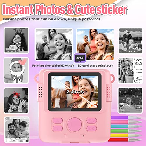 ESOXOFFORE Instant Print Camera for Kids, Christmas Birthday Gifts for Girls Boys Age 3-12, HD Digital Video Cameras for Toddler, Portable Toy for 3 4 5 6 7 8 9 10 Year Old Girl with 32GB SD Card-Pink