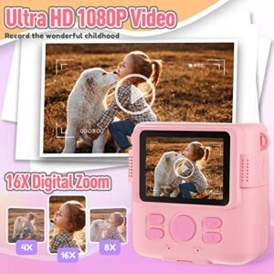 ESOXOFFORE Instant Print Camera for Kids, Christmas Birthday Gifts for Girls Boys Age 3-12, HD Digital Video Cameras for Toddler, Portable Toy for 3 4 5 6 7 8 9 10 Year Old Girl with 32GB SD Card-Pink