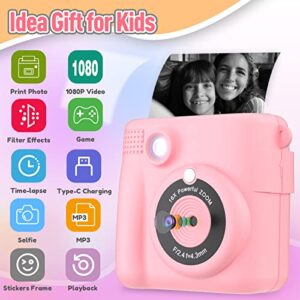 ESOXOFFORE Instant Print Camera for Kids, Christmas Birthday Gifts for Girls Boys Age 3-12, HD Digital Video Cameras for Toddler, Portable Toy for 3 4 5 6 7 8 9 10 Year Old Girl with 32GB SD Card-Pink