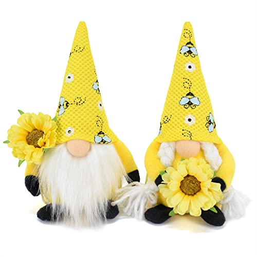 Vytina 2 Pcs Bumble Bee Gnomes Plush Decorations Swedish Tomte Nisse Doll Gonk Sunflower Gnome Spring Summer Season Tiered Tray Gnome Home Ornaments