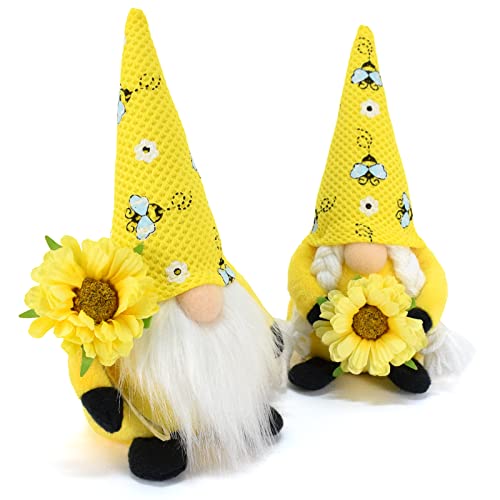 Vytina 2 Pcs Bumble Bee Gnomes Plush Decorations Swedish Tomte Nisse Doll Gonk Sunflower Gnome Spring Summer Season Tiered Tray Gnome Home Ornaments