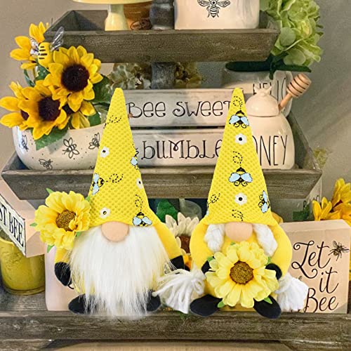 Vytina 2 Pcs Bumble Bee Gnomes Plush Decorations Swedish Tomte Nisse Doll Gonk Sunflower Gnome Spring Summer Season Tiered Tray Gnome Home Ornaments