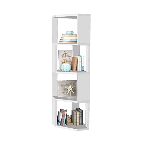 Min Win 5 Tier Corner Shelf Unit,50.2" Standing Tall Corner Bookcase Multipurpose Shelving Unit Wooden Display Bookshelf Storage Rack Corner Storage Shelves Plant Stand For Home Kitchen Office - White