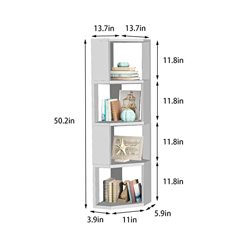 Min Win 5 Tier Corner Shelf Unit,50.2" Standing Tall Corner Bookcase Multipurpose Shelving Unit Wooden Display Bookshelf Storage Rack Corner Storage Shelves Plant Stand For Home Kitchen Office - White