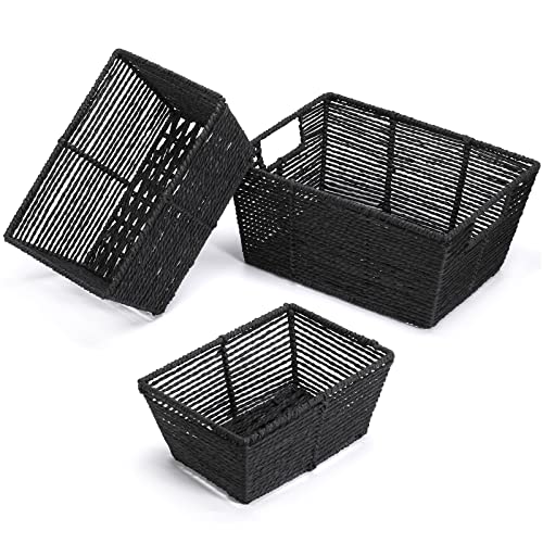 Vagusicc Wicker baskets, Round Paper Rope Black Baskets for Storage, Rectangular Woven Baskets for Organizing & Decor, Black, 3-Pack