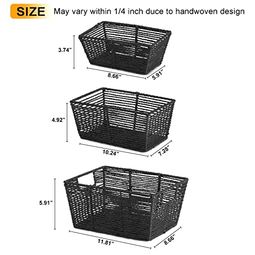 Vagusicc Wicker baskets, Round Paper Rope Black Baskets for Storage, Rectangular Woven Baskets for Organizing & Decor, Black, 3-Pack