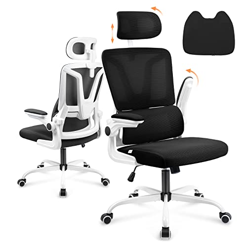 Soontrans Black Ergonomic Office Chair with Lumbar Support Pillow, Mesh Office Chair with Adjustable Arms & Headrest, Rocking Office Desk Chair, Comfortable Ergonomic Chair, Comfy Ergo Chair for Home