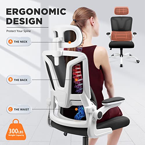 Soontrans Black Ergonomic Office Chair with Lumbar Support Pillow, Mesh Office Chair with Adjustable Arms & Headrest, Rocking Office Desk Chair, Comfortable Ergonomic Chair, Comfy Ergo Chair for Home