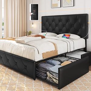 yaheetech queen size upholstered bed frame with 2 usb charging stations/ports for type a & type c/4 storage drawers/adjustable headboard, faux leather platform bed with strong wooden slats, black