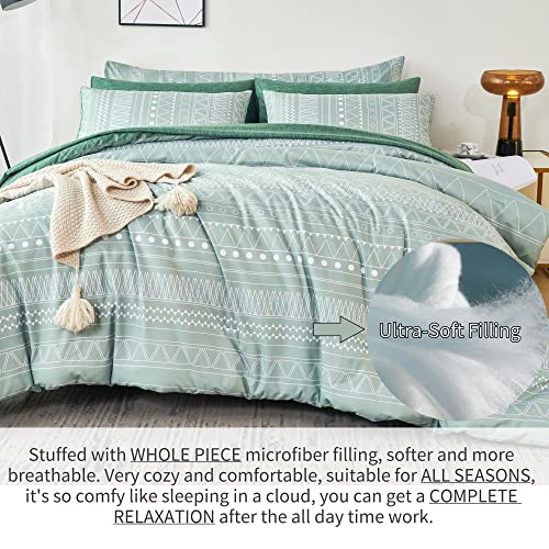 RYNGHIPY Striped Boho Bed Comforter Set King Size Sage Green, 8Pcs Geometric Bohemian Bed in a Bag Down Alternative Comforter Bedding Set (Sage Green,King Size)