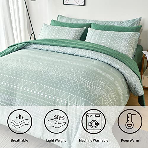 RYNGHIPY Striped Boho Bed Comforter Set King Size Sage Green, 8Pcs Geometric Bohemian Bed in a Bag Down Alternative Comforter Bedding Set (Sage Green,King Size)