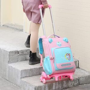 GLOOMALL Cute Rolling Backpack School Girls Boys, Lightweight Trolley Travel Bag with 6 Wheels Classic Roller Luggage (Pink unicorn)