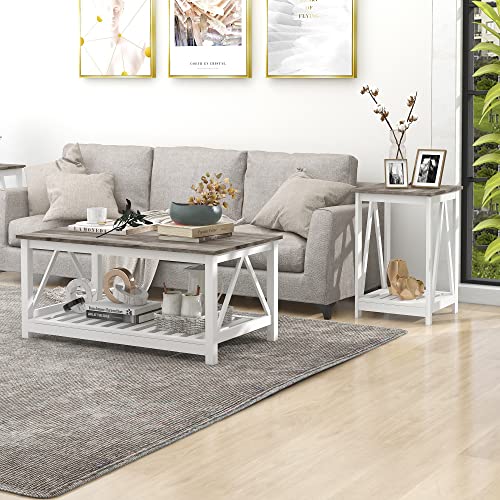 UYIHOME Farmhouse Coffee Table and End Table Set, Oak Grey Wooden Living Room Furniture with Slats Base, Oak Grey