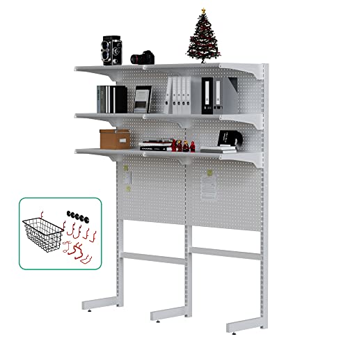 JWX Standing Shelf Unit, White Home Office Garage cabinets with Metal Pegboard and 15 Pieces Organizer Tool Holders