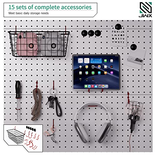 JWX Standing Shelf Unit, White Home Office Garage cabinets with Metal Pegboard and 15 Pieces Organizer Tool Holders