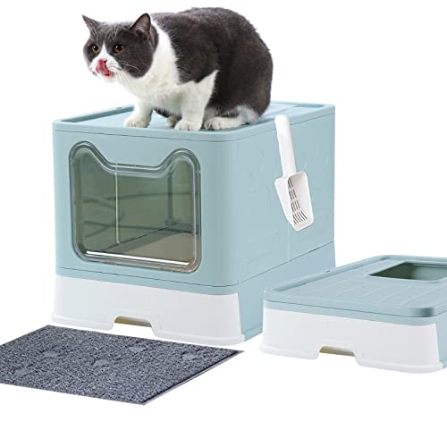 COBETE Cat Litter Box, Foldable Top Entry Covered Cat Litter Box with Lid, Easy Clean No Smell Pet Jumbo Litter Box with Mat and Scoop (Blue)