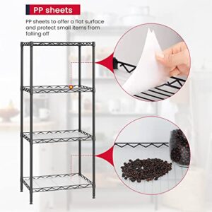 BestOffice 4-Shelf Adjustable Storage Shelving Unit Metal Rack Wire Shelf 600Lbs Capacity with 4 PP Sheets 18L x 12W x 44H for Laundry Bathroom Kitchen Garage,Black