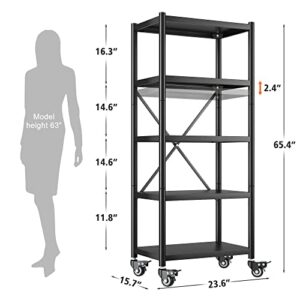 REIBII Storage Shelves for Storage Heavy Duty Shelving Unit with Wheels 5-Tier Metal Shelving Adjustable Storage Shelf Load 1160 LBS Kitchen Bathroom 23.6" W * 15.7" D * 65.4" H