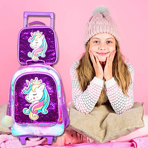 FTJCF 3PCS Rolling Backpack for Girls, Kids Unicorn Roller Bookbag with Wheels, Wheeled School Bag Set for Elementary - Purple