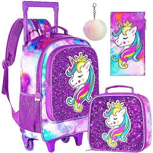 FTJCF 3PCS Rolling Backpack for Girls, Kids Unicorn Roller Bookbag with Wheels, Wheeled School Bag Set for Elementary - Purple