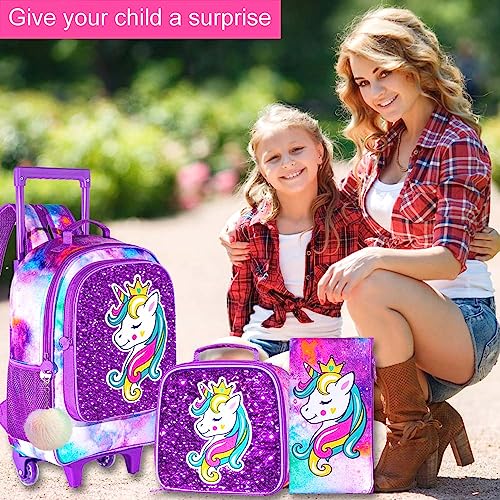 FTJCF 3PCS Rolling Backpack for Girls, Kids Unicorn Roller Bookbag with Wheels, Wheeled School Bag Set for Elementary - Purple