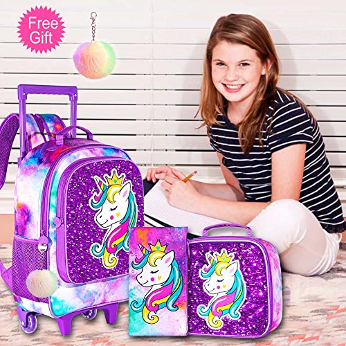 FTJCF 3PCS Rolling Backpack for Girls, Kids Unicorn Roller Bookbag with Wheels, Wheeled School Bag Set for Elementary - Purple