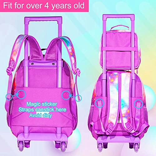 FTJCF 3PCS Rolling Backpack for Girls, Kids Unicorn Roller Bookbag with Wheels, Wheeled School Bag Set for Elementary - Purple